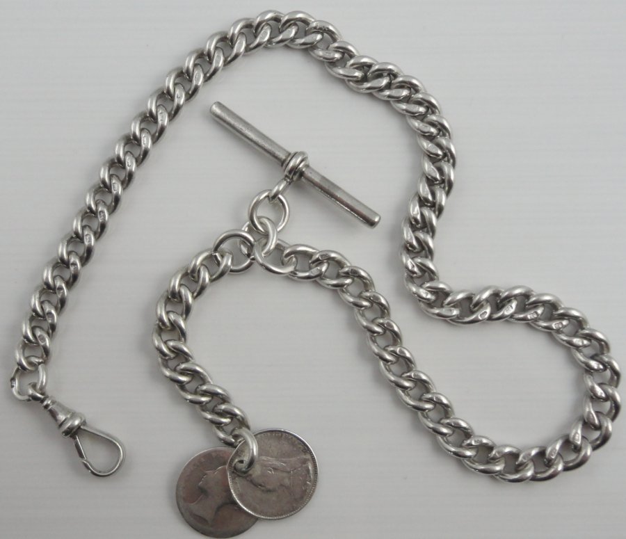 Antique silver albert pocket watch guard chain with coin fobs | Ian ...