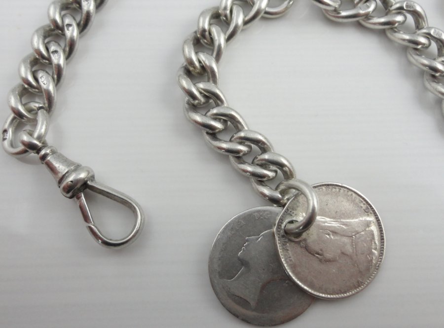 Antique silver albert pocket watch guard chain with coin fobs | Ian ...