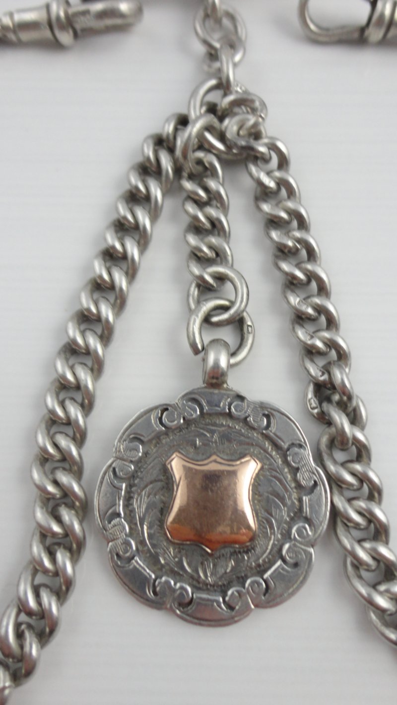 Antique silver double albert pocket watch guard chain with fob | Ian ...