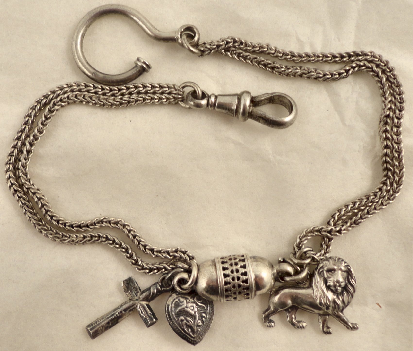 Antique fancy silver albert watch chain with appendages. 10 inches long ...